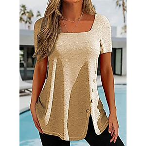Dokotoo Womens Blouses Ladies Square Neck Tops Hide Belly Short Sleeve Summer Tunic Tops to Wear with Leggings Khaki X-Large