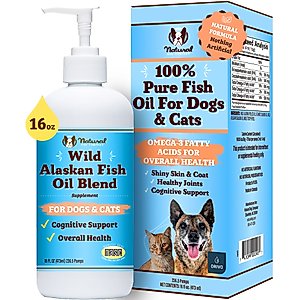 Natural Dog Company Wild Alaskan Fish Oil for Dogs and Cats (16oz) - Blend of Pollock Oil & Wild Salmon Oil for Dogs - EPA, DHA & Omega 3 for Dogs - Reduces Shedding, Nourishes Skin, Coat & Joints