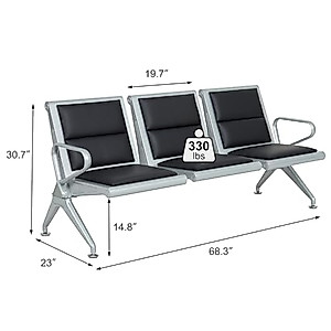 Kinfant 3-Seat Waiting Room Chair - Metal Waiting Area Bench Guest Reception Chairs with Armrests, PU Leather Waiting Room Furniture for Office, Airport, Black