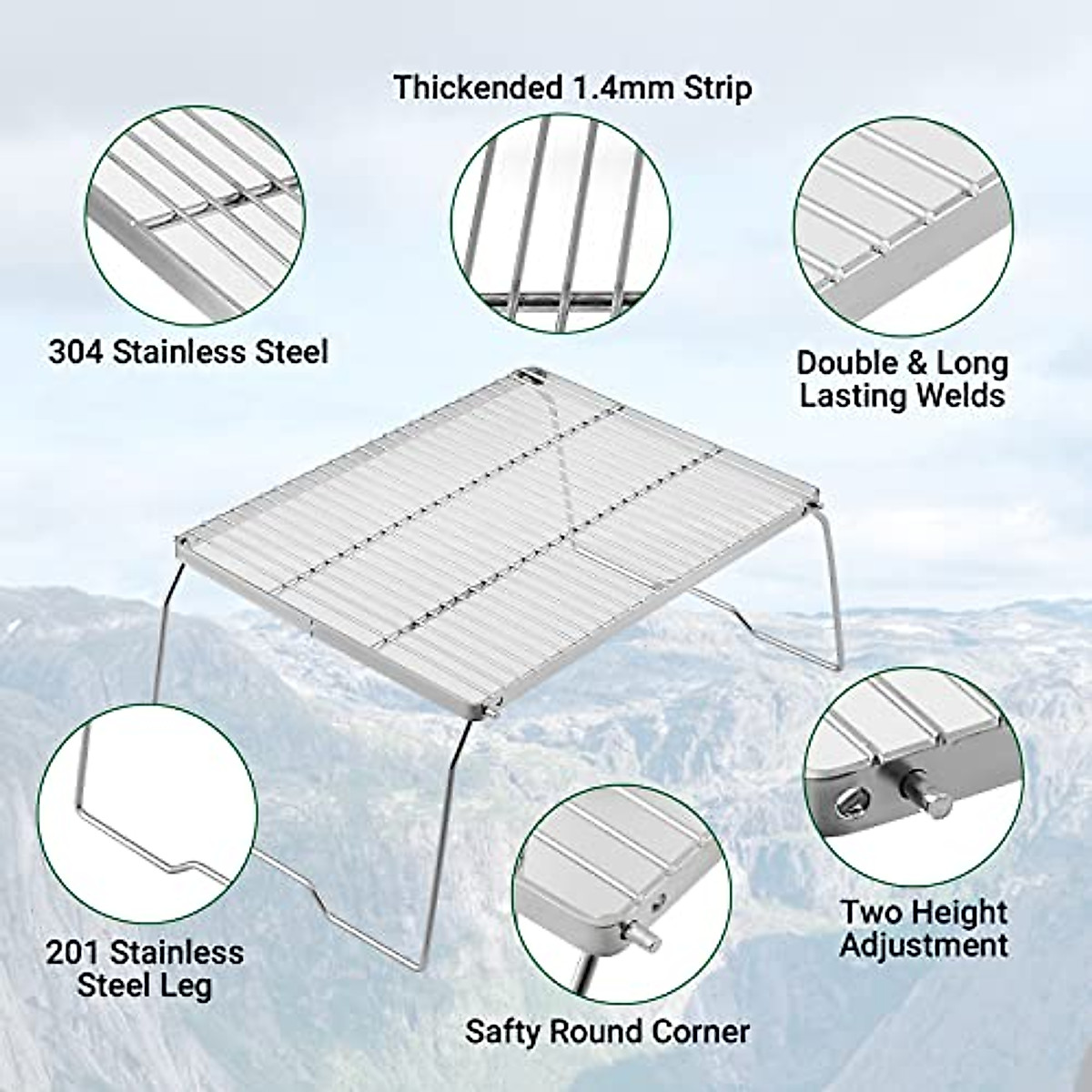 YETO Two Hight Camping Grill Grate with Legs 304 Stainless Steel Folding Campfire Over Fire Portable and Carrying Bag for Outdoor Cooking BBQ Picnic Hiking, Silver-Large, 16.3 x 12.2 x 8.6 inches