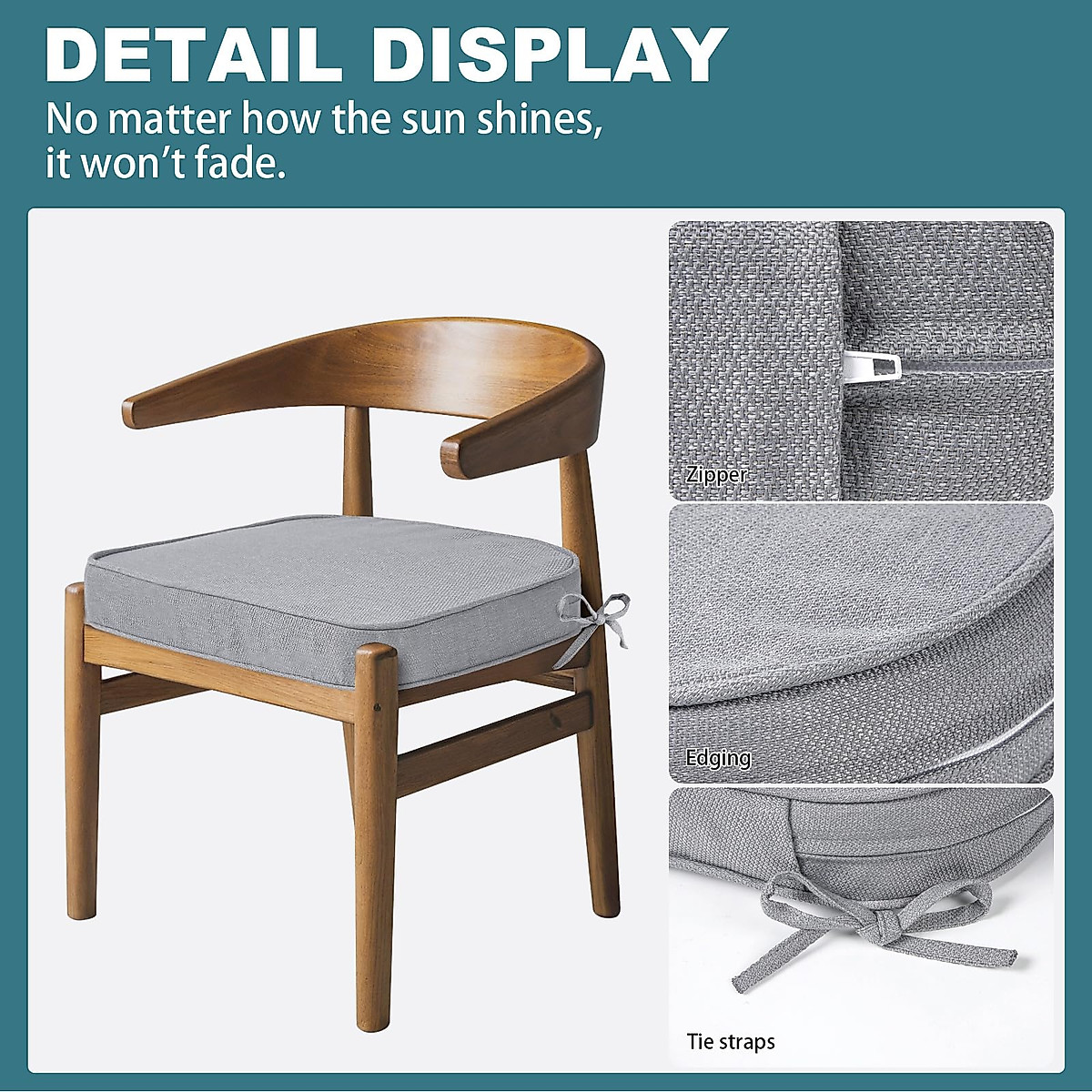 Pcinfuns Indoor/Outdoor Memory Foam Chair Cushions,Thick 17"x16"x3" Chair Cushion for Patio Furniture,Water-Resistant Durable Seat Pads with Ties,Light Grey,4 Pack