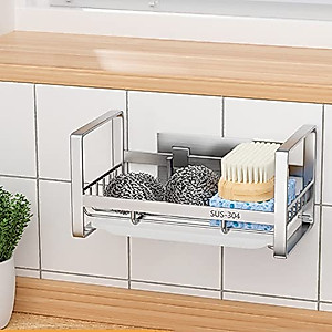 JiangWaveT Sponge Holder,SUS304 Stainless Steel Rust Proof Soap Holder for Kitchen Sink,Kitchen Sink Organizer, Sink Caddy, Sink Tray Drainer Rack with Removable Tray,Silver