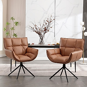 Fahomiss 360° Swivel Desk Chair No Wheels - Mid-Century Modern Desk Chair, Upholstered Faux Leather Desk Chair with Metal Legs, Office Chair for Living Room Reading Room Office(Brown, X1)