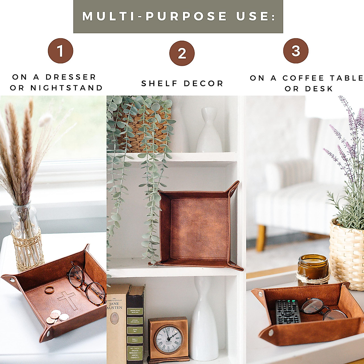 Cross Leather Valet Tray for Men with Scripture Included | EDC Dump Tray Catholic First Communion Gifts for Boys, Christian Gifts for Dad, Thoughtful Gifts for Men