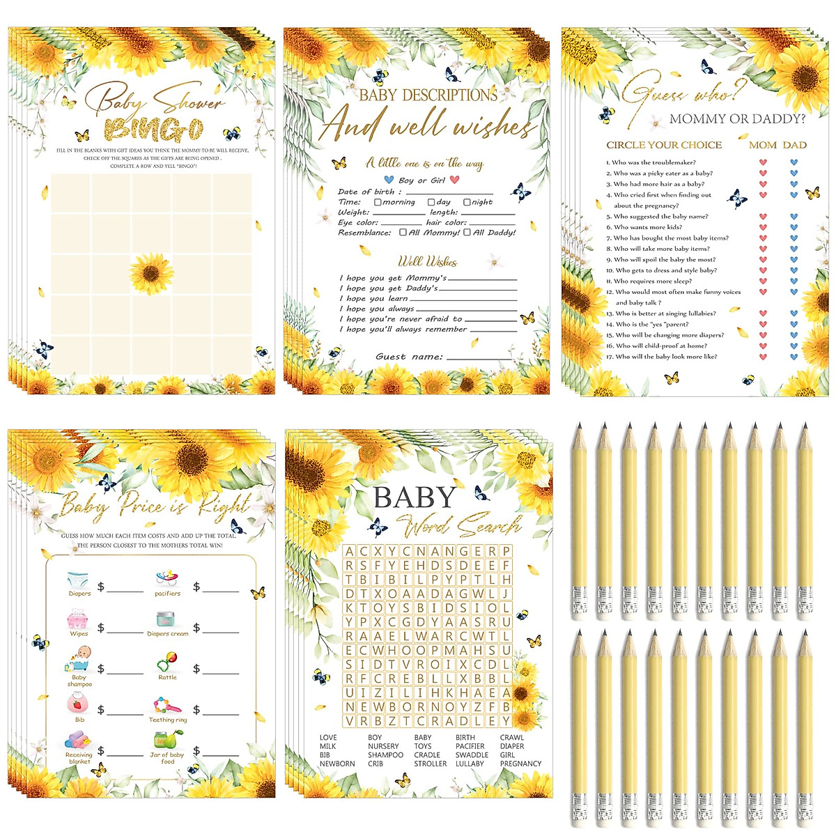 145 Pieces Sunflower Baby Girl Shower Game Set 5 Games 25 Sheets of Each with 20 Pencils Floral Baby Shower Games & Activities for Girl Includes Baby Descriptions and Wishes, Guess Who, Bingo Game