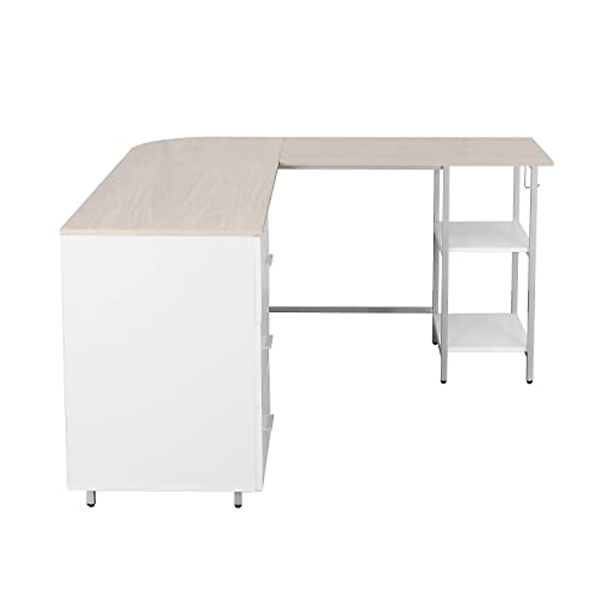 Techni Mobili L Shaped Desk - Two-Toned Computer Desk with Drawers & Storage Shelves - Simple Modern Furniture & Home Office Space Corner Table for Work & Writing