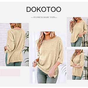 Dokotoo Womens Fashion Casual Spring Summer Shirts and Blouses for Women 2024 Pullover Sweater Off Shoulder T-Shirts 3/4 Sleeve Tunic Tops Loose Shirts Apricot Large