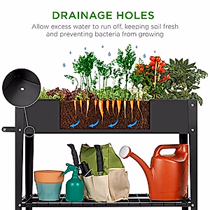 Best Choice Products Elevated Mobile Raised Ergonomic Metal Planter Garden Bed for Backyard, Patio w/Wheels, Lower Shelf, 38x16x32in, Dark Gray