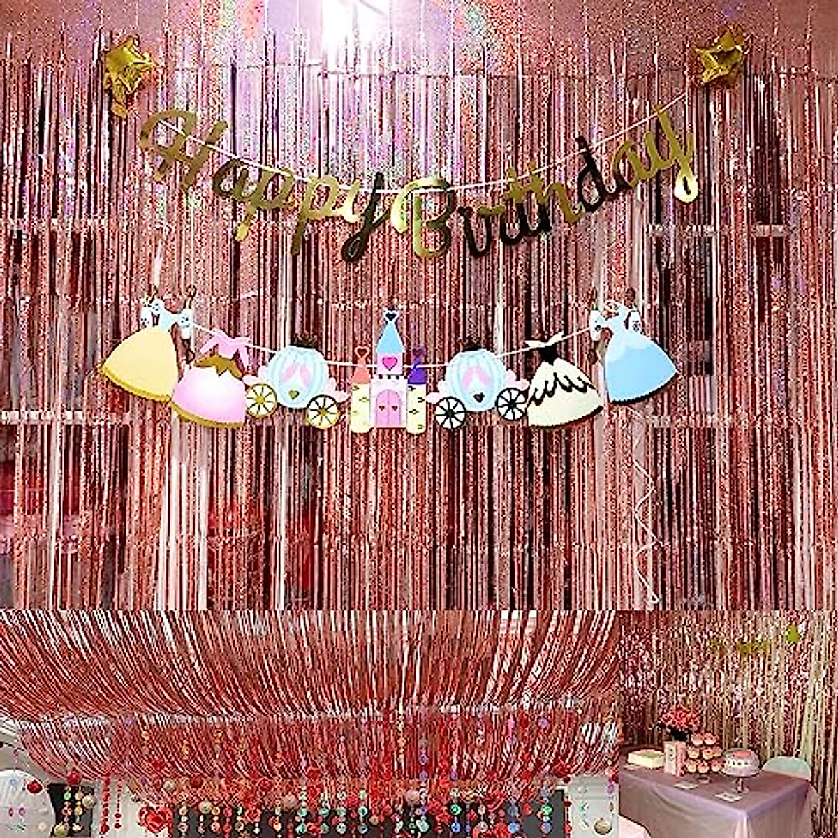 4 Pack Rose Gold Fringe Curtain -12.8x8.2 Feet, Slmeno Rose Gold Fringe Backdrop Thick Glitter Tinsel Foil Curtain, Rose Gold Backdrop Curtain Birthday Party, Rose Gold Party Decorations Bachelorette