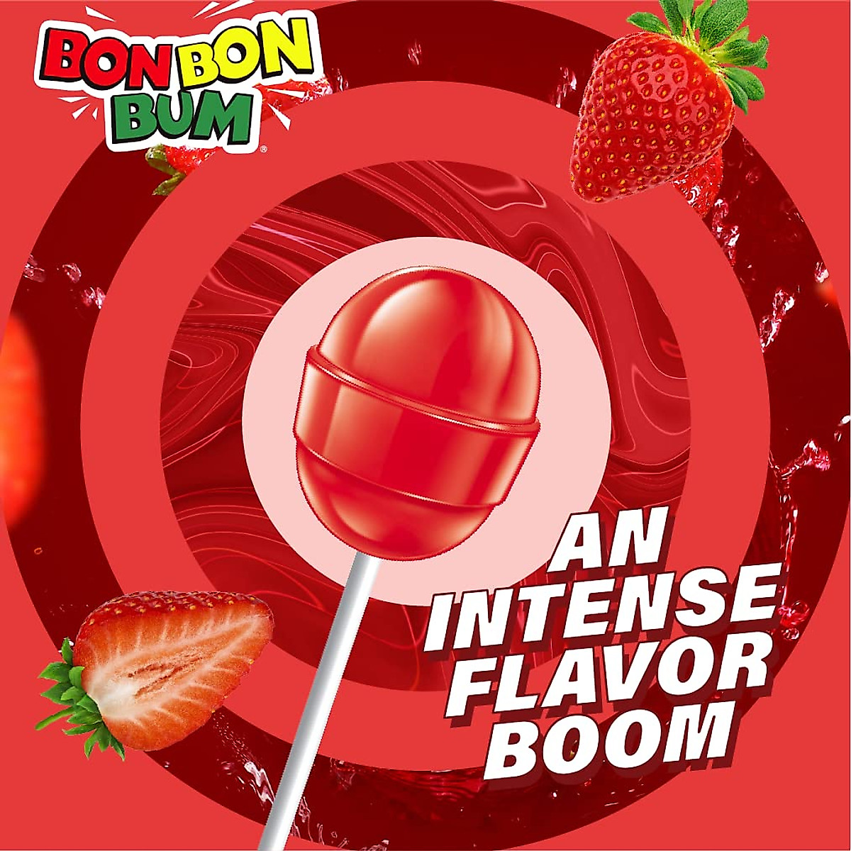 Colombina Bon Bon Bum Classic Lollipops w/Bubble Gum Center, Strawberry Flavor, Individually Wrapped, Ideal for Party Favors and Gifts, 1 Pack (10 Count)