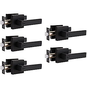home improvement direct Privacy Door Lever with Lock, Keyless Reversible Interior Door Handle for Right/Left Handed Doors, Matte Black Heavy Duty Square Lock Set for Bedroom, Bathroom 5 Pack