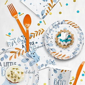 APOWBLS Halloween Baby Shower Decorations Tableware - A Little Boo Is Almost Due Baby Shower Decorations, Plates, Cups, Napkins, Tablecloth, Cutlery, Halloween Baby Shower Party Supplies | Serve 24