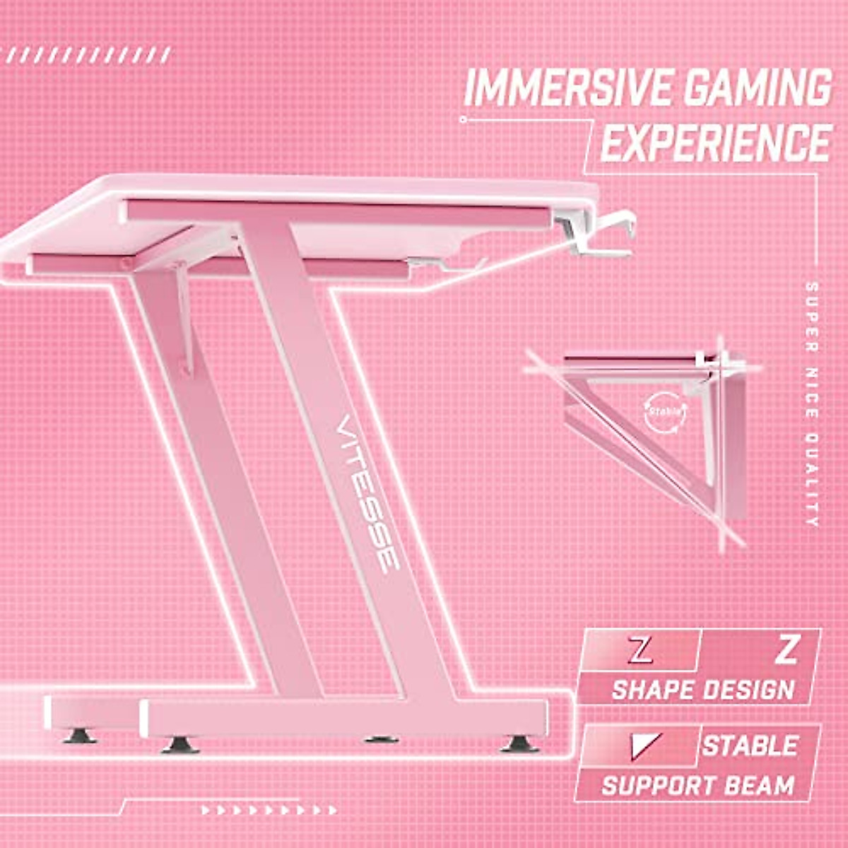 Vitesse 40 Inch Pink Gaming Desk,Pink desk,Pink Gaming Table,Cute Kawaii Computer Desk Z Shaped Girl Gamer Desk Workstation Home Office Desk with Carbon Fiber Surface and Headphone Hook (Z Shape Leg)