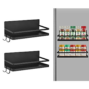 Dr.BeTree Magnetic Spice Rack, Strong Magnetic Shelf Spice Organizer Spice Rack Seasoning Organizer For Kitchen Organizer Magnetic Spice Rack For Refrigerator With 4 Hooks (Black, 2 Pack )