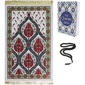 Modefa Prayer Mat | Luxury Woven Chenille Janamaz Sajadah | New Muslim Convert Revert Gift Set | Free Quran + Tesbih Beads | Turkish Tulip Red