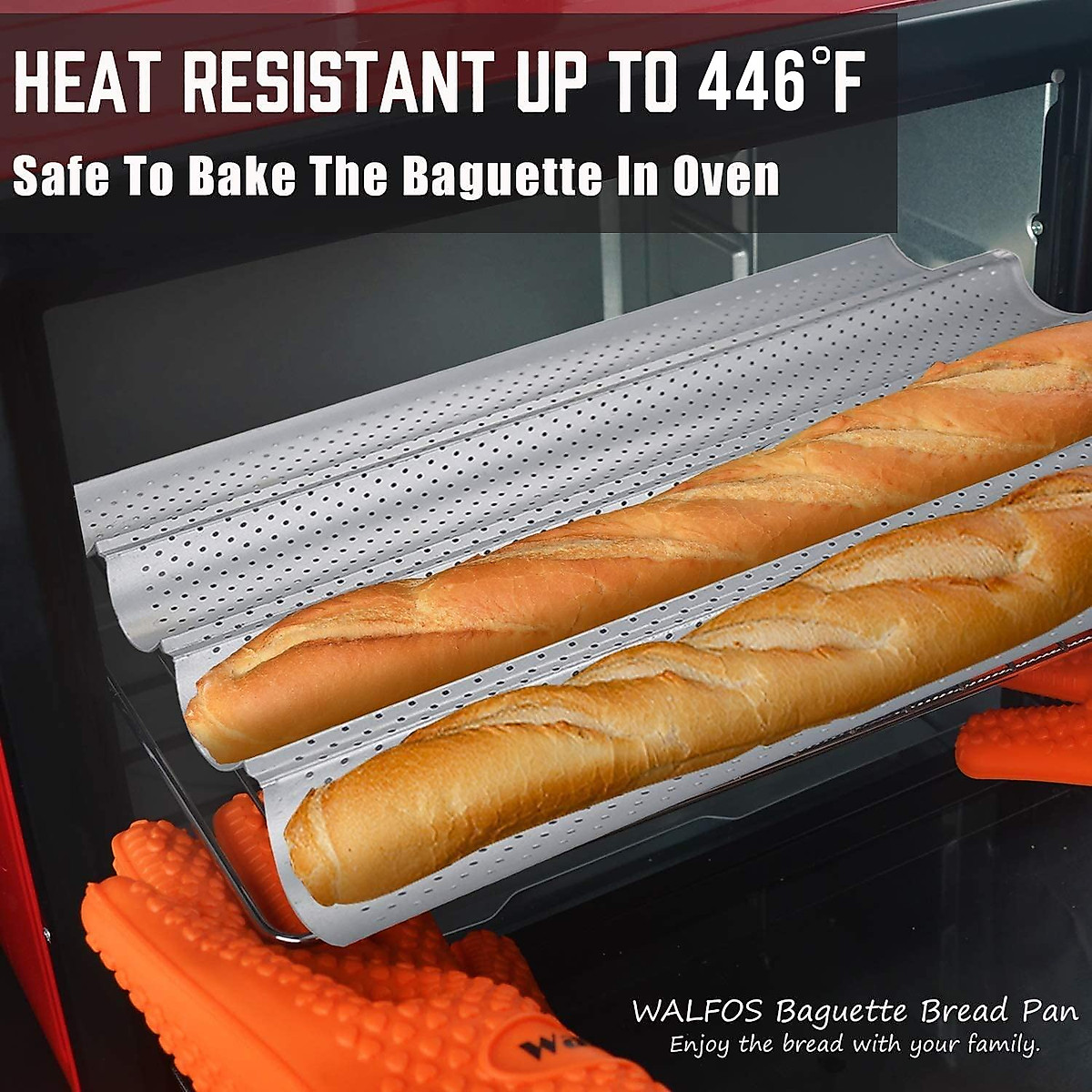 Walfos French Bread Baking Pan, Non-stick Perforated French Baguette Bread Pan, 4 Wave Loaves Loaf Bake Mold Toast Perforated Cooking Bakers Molding (Silver