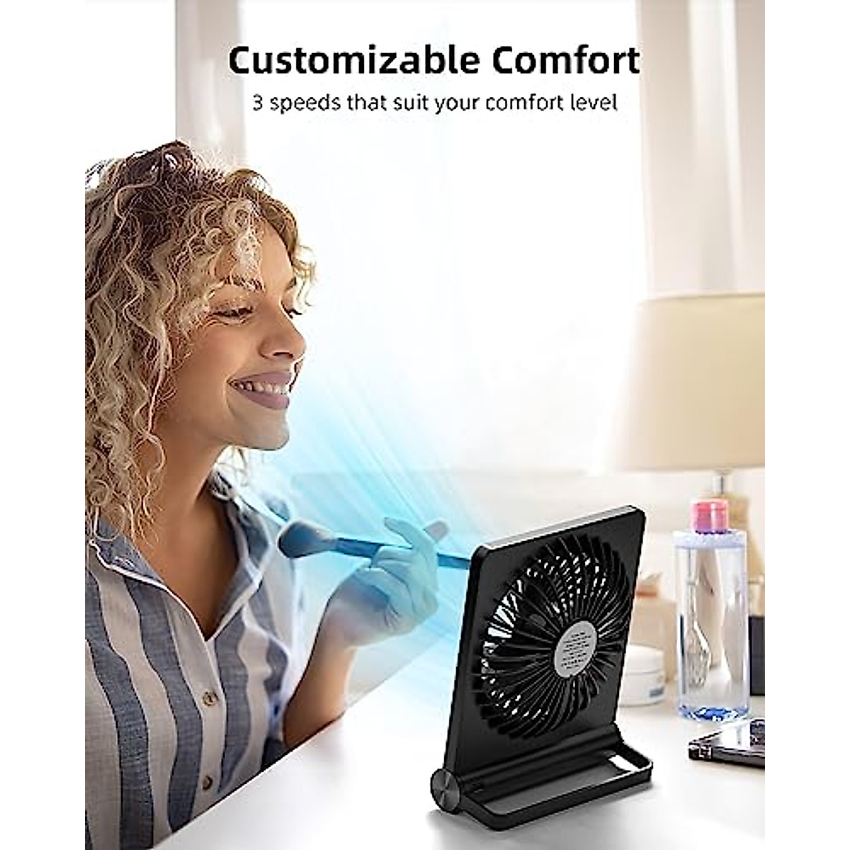 Koonie Portable Desk Fan, 3.5-20hrs Battery Operated Small USB Fan with Ultra Quiet 180° Tilt Folding, Rechargeable Personal Fan with 3 Speeds Strong Wind for Home Office Desktop, Black