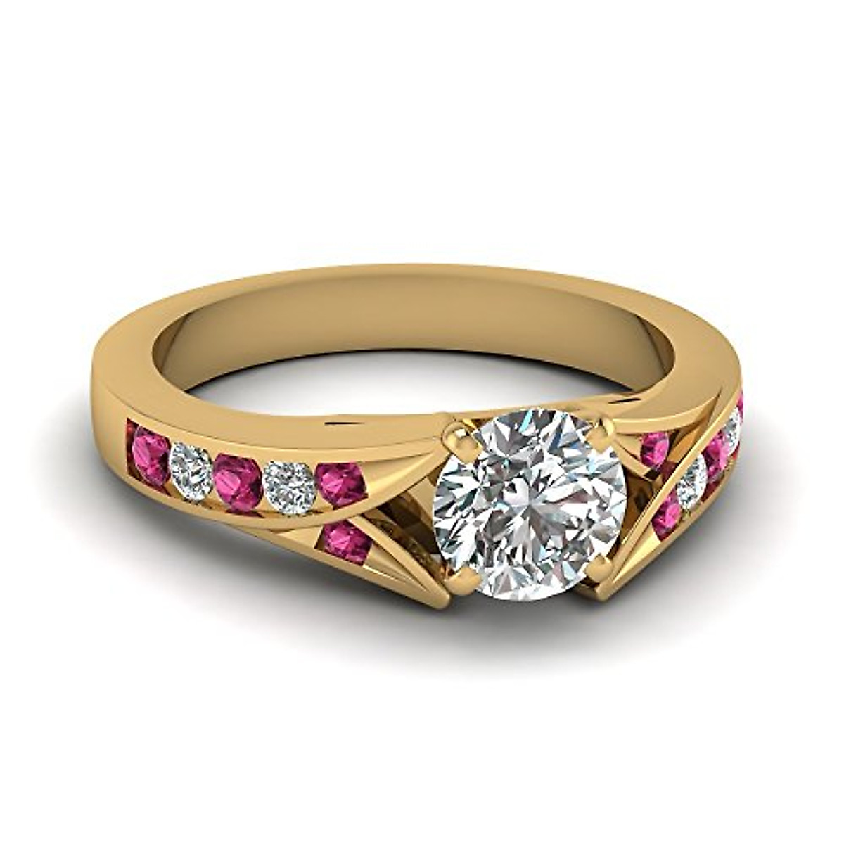 CustomizedGifts Channel Set Diamond Ring yellow gold plated Created Pink Sapphire Round shape Pink color Split Shank Engagement Ring channel Setting in Size 11 Handcraft Chakra Healing