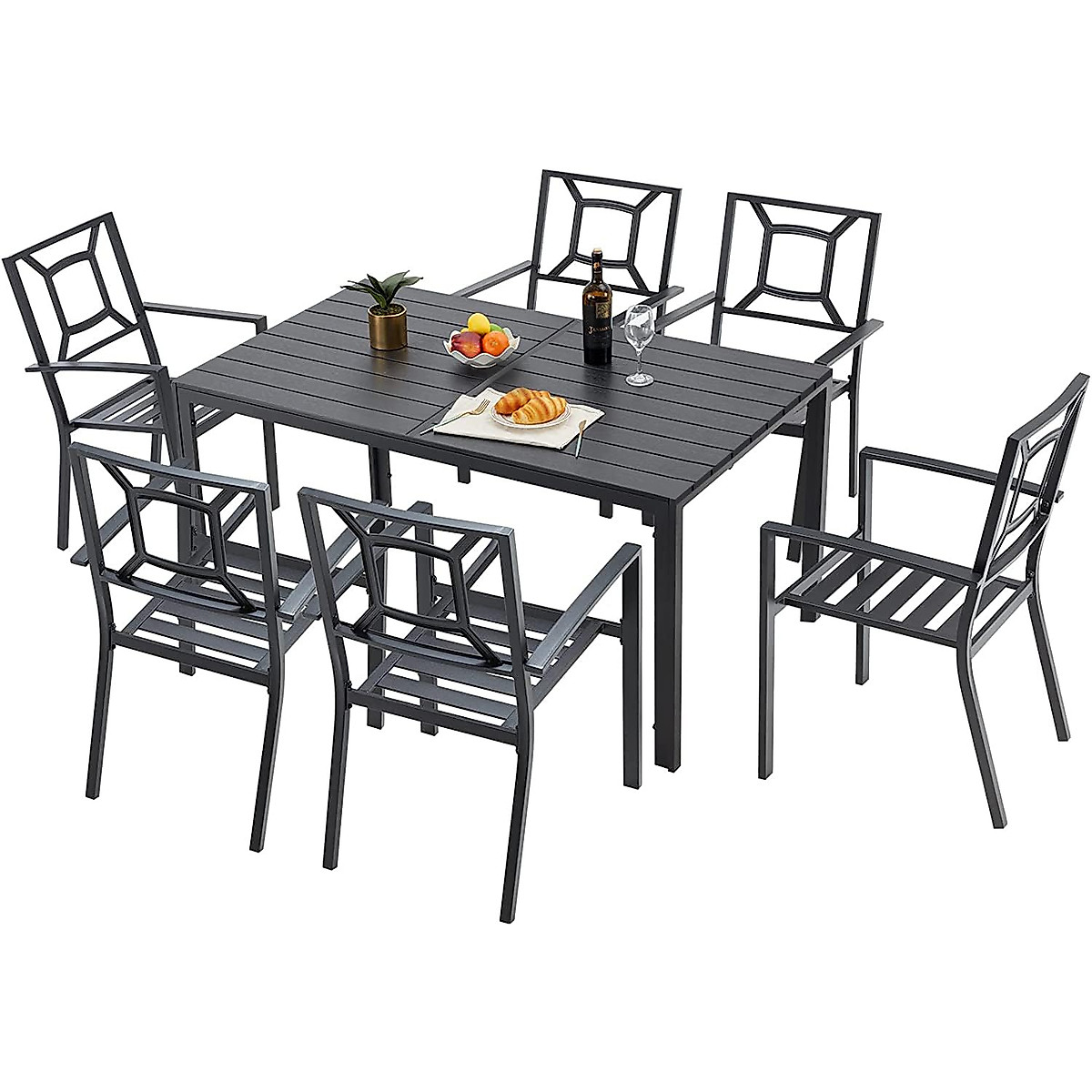 AECOJOY 7 Piece Outdoor Dining Set, Patio Table and Chairs Set with Rectangular Aluminum Table and 6 Metal Stackable Chairs for Garden, Backyard, Matte Black