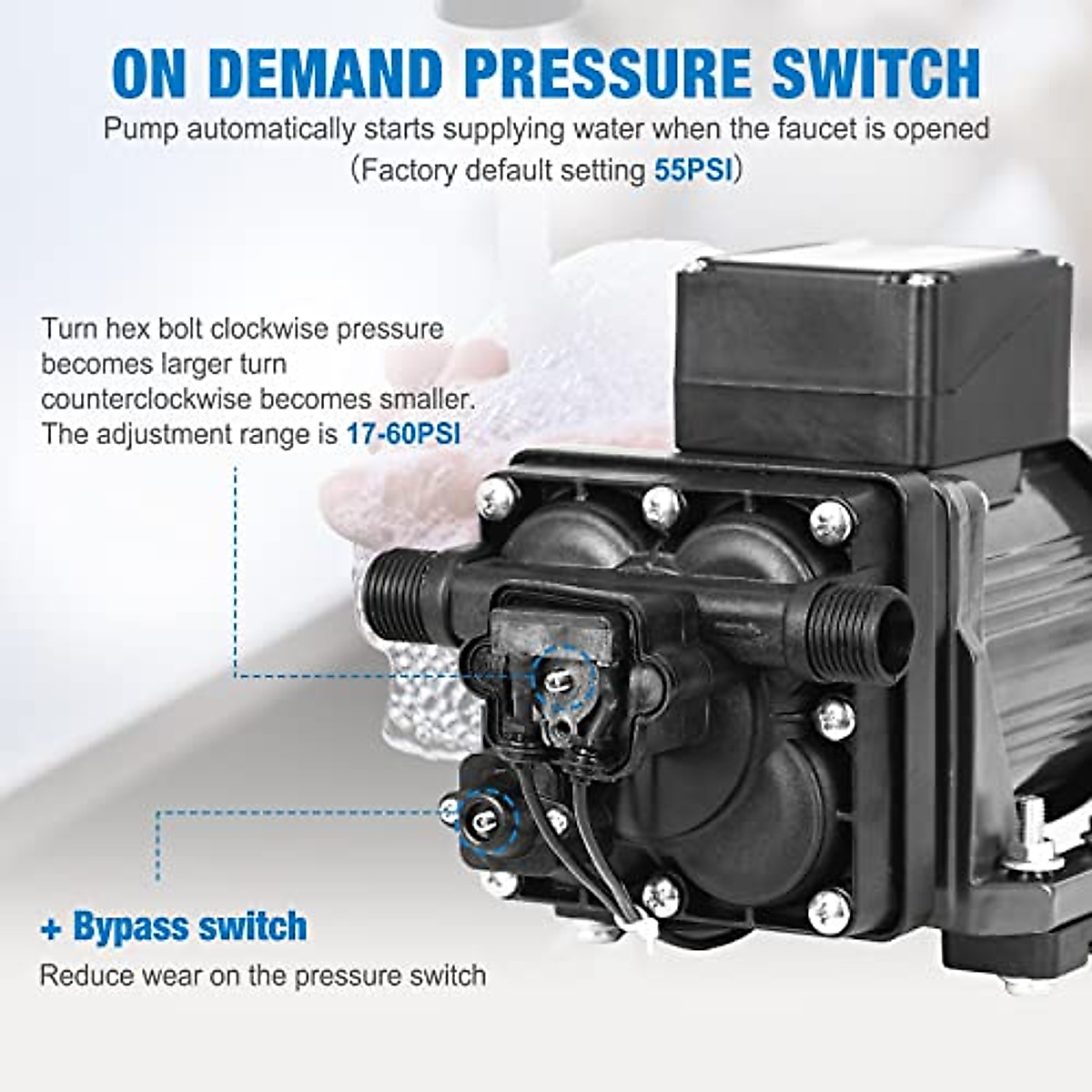 DC HOUSE 42-Series Brushless Motor Water Transfer Pump 110V 5.5GPM 55PSI, RV Water Pump 110 Volt Support Continuous Operation include 3/4" Garden Hose Adapters for Kitchen Bathroom RV Yacht