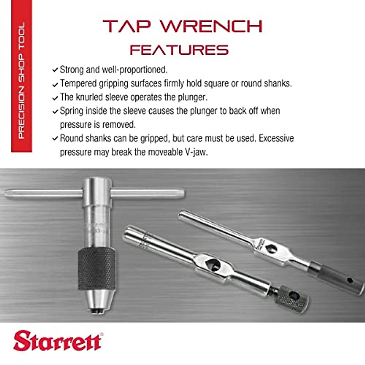 Starrett Tap Wrench with Tempered Gripping Surfaces - 1/4-5/8" (6.35-16mm) Capacity Tap Size, 12" (300mm) Body Length, 5/32-3/8" (4-9.5mm) Square Shank - 91C