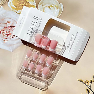 24 Pcs French Tip Square Press on Nails with Rhinestones & Flowers - Glossy Full Cover False Acrylic Nails for Women & Girls