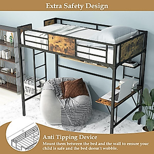 Giantex Metal Twin Loft Bed with Desk and Storage Shelf, Heavy Duty Loft Bed Frame with Build-in Ladder & Safety Guardrail, Space-Saving Twin Size Loft Bed for Teenager and Adult, Black