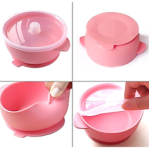YMCF Products Baby or Toddler Feeding Set | Silicone Bib, Divided Plates, Suction Bowls & Spoons, Dishwasher-Safe, Easy-Wipe Cleaning (Pink)