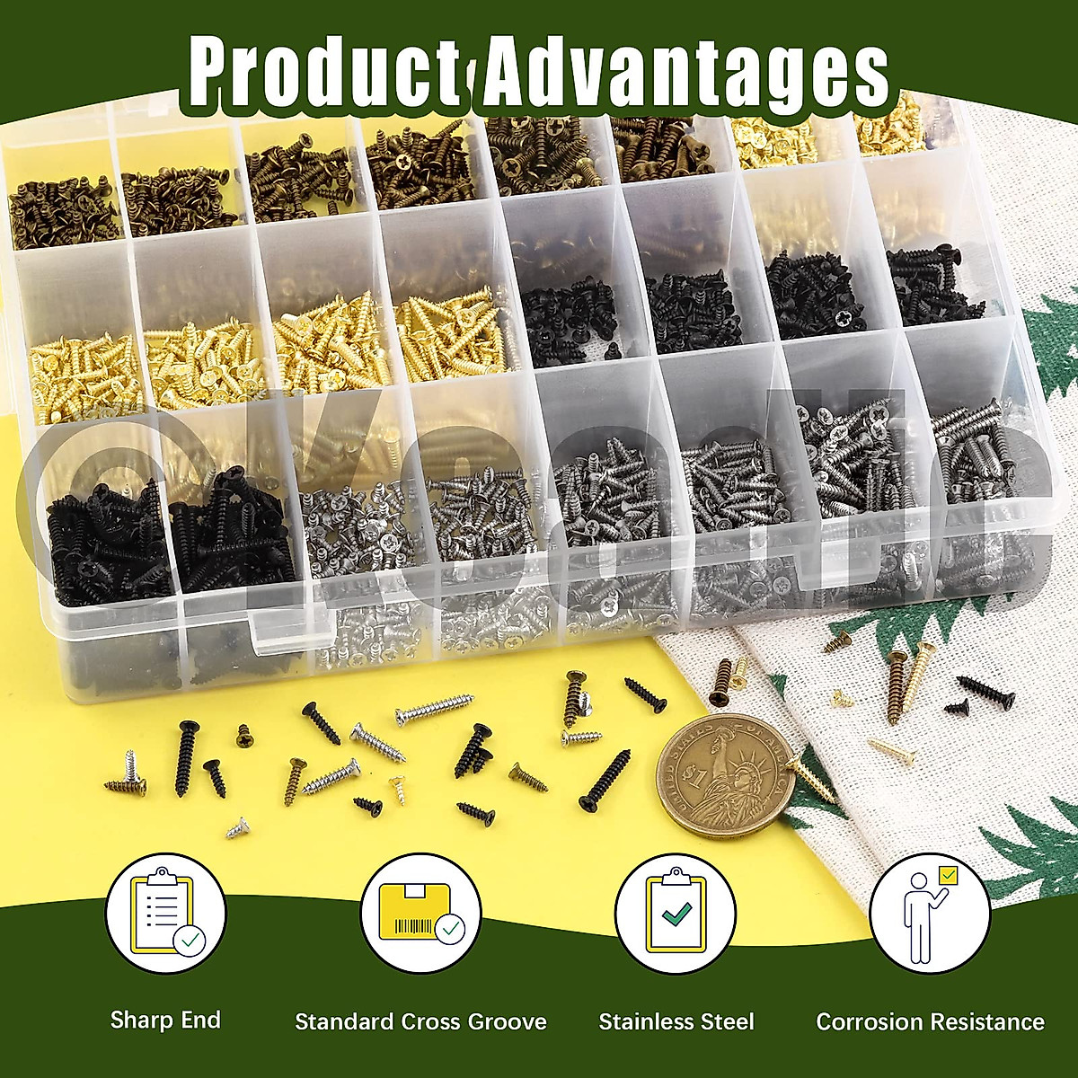 Keadic 2200 Pcs 4 Color Small Self Tapping Screws Assortment Kit, M2*5/6/8/10mm M2.6 * 12/16mm Self-Drilling Flat Cross Head Mini Wood Screw with Plastic Case (Black, Bronze, Silver, Gold)