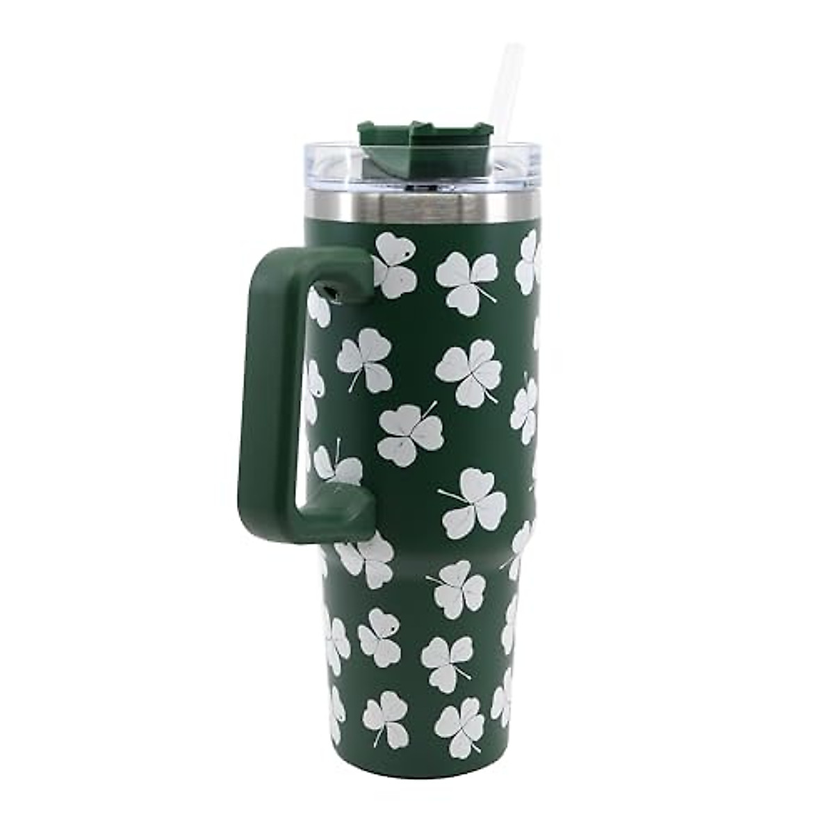 Envie 30 oz St Patrick Day Tumbler Mug with White Shamrocks, Reusable Insulated Mug with Handle, Lid and Straw, Stainless Steel Tumbler for Iced & Hot Beverages