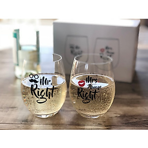 Vino O'clock Mr Right and Mrs Always Right Wine Glasses Gift Set For Bridal Shower, Married Couples, Weddings, Engagements, Newlyweds, Anniversary / 16oz
