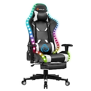 Goplus Massage Gaming Chair with RGB Light, Reclining Backrest Handrails and Seat Height Adjustment Racing Computer Office Chair with Footrest, Ergonomic High Back PU Swivel Game Chair
