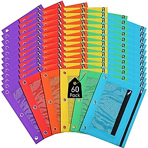 Leelosp 60 Pack Pencil Pouch for 3 Ring Binder Mesh Zipper Pencil Case Bags Assorted Colors Binder Pouches for School Writing Utensils Storage Supplies