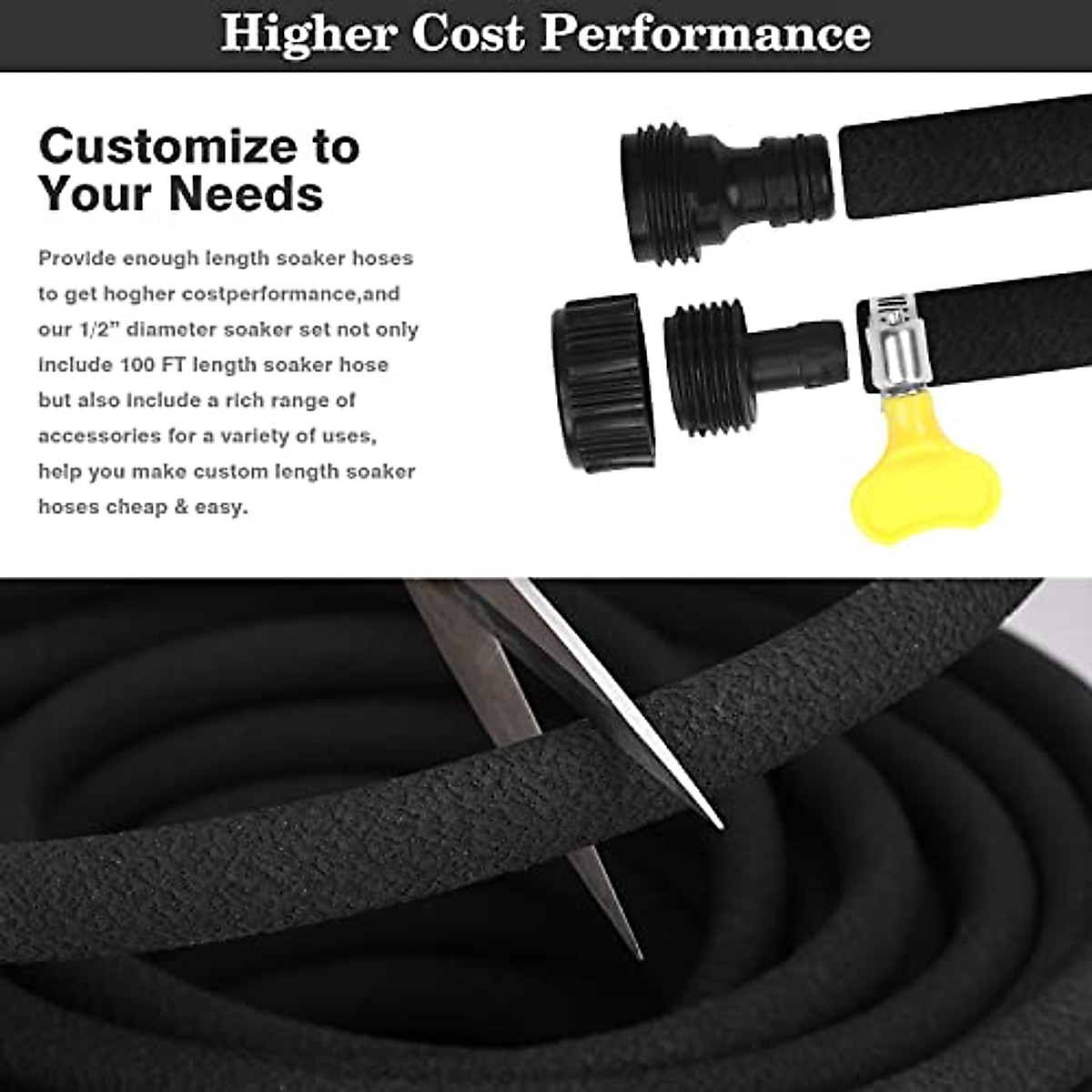 Soaker Hose 150 FT for Garden Beds 1/2 Inch,Solid Brass Connectors Rubber Longer Lasting Drip Irrigation Save 70% of Water Various Accessories Great for Lawn and Yard (150FT)