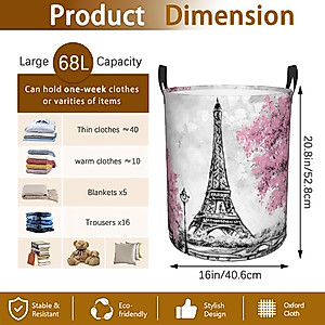 Eiffel Tower Pink Flowers Trees Laundry Basket,Waterproof Laundry Hamper,Collapsible Organizer Basket for Storage Bin Toy Bins, Dirty Clothes Laundry Basket for Living Room/Bathroom/Bedroom