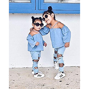 LXXIASHI 2Pcs Infant Baby Girl Denim Pants Outfits Set Ruffle Sleeves Off Shoulder Crop Tops + Fishnet Patchwork Ripped Jeans (Blue, 3-4 Years)