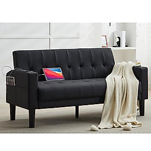 TYBOATLE Sofa Couch 62" W Loveseat w/ 2 USB Charger Ports & 2 Cupholders, Mid-Century Modern Tufted Black Faux Leather Small Love Seat Couches for Office,Compact Living Room,Bedroom,Apartment,Dorm