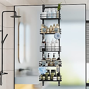 Vetacsion 44.37 inch Height 5 Tier Adjustable Over door Shower Shelf,Hanging Bath Oragnizer with 4 Hook,4 Suction,Metal Black