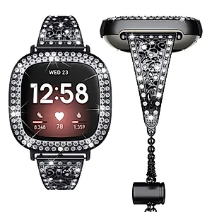 Goton Compatible for Fitbit Versa 3 Band, Women Bling Diamond Replacement Strap Bracelet & Bling Bumper Protective Case Compatible for Fitbit Sense / Versa3 (Black)