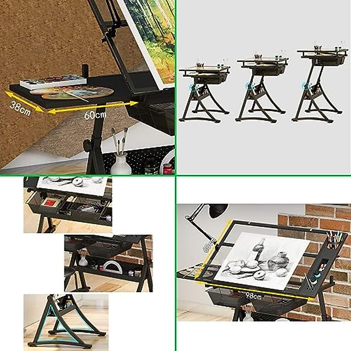 XiVue Drafting Table with Storage, Height Adjustable Tiltable Art Desk, Glass Panel Drawing Desk, for Work Study Painting Craft Table
