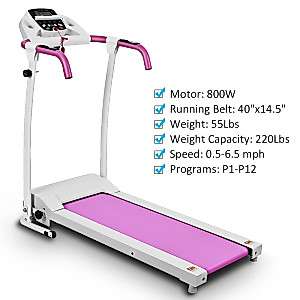 Goplus 800W Folding Treadmill Electric Motorized Power Fitness Running Machine with LED Display and Mobile Phone Holder Perfect for Home Use (Pink)
