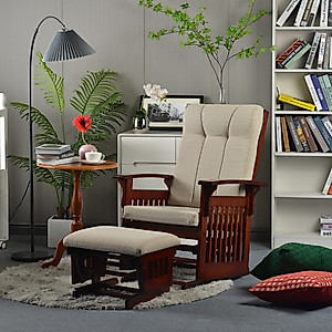 Wlvos Anti-Pinching Glider Chair for Nursery, Wood Glider Rocker with Ottoman Set, Nursery Rocking Chair for Living Rooms, Bedrooms Nursing (Cherry)