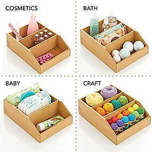 mDesign Bamboo Wood 3 Tier Counter Organizer Bin, Multi-Compartment Storage Box for Bathroom, Cabinets, Shelves, Countertops; Holds Vitamins, Bath Bombs, Cosmetics, Echo Collection - 2 Pack - Natural
