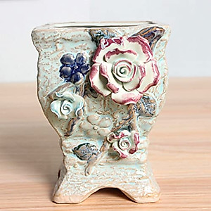VOSAREA Hand Painted Square Succulent Planter Cactus Planter Pot Bonsai Pot Clay Pot Flower Pot Floral Design Random Color