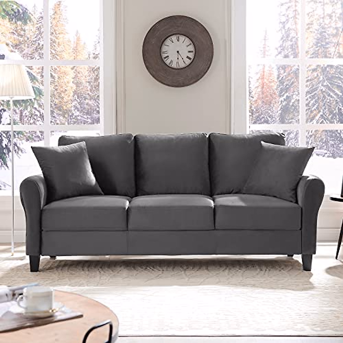 LUCKHAO Velvet Sofa Couch for Living Room,78” Upholstered 3-Seater Couch wiht Solid Wood Frame Legs,Modern Comfy Sofa with 2 Pillows for Living Room(Grey)