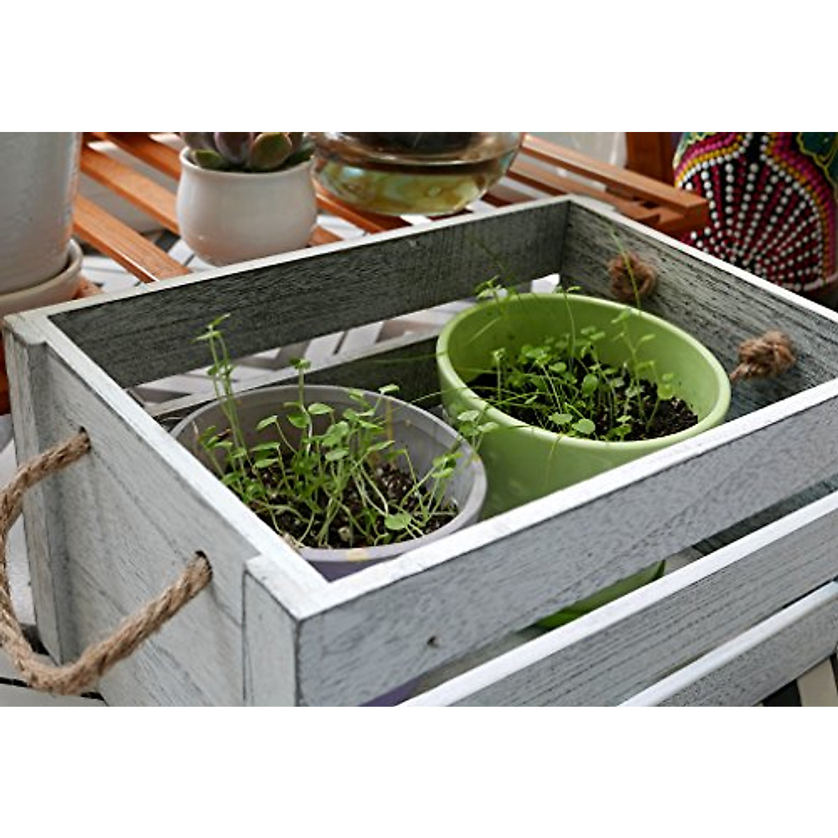 SLPR Wooden Crates for Decoration and Storage (Set of 3, Rope Handles): Rustic White Wood Crate Boxes for Display, Small Distressed Farm Bin, Prop Boxes for Photography, Craft Storage
