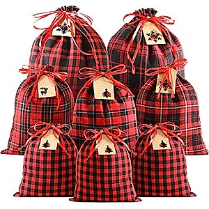 8 Pieces Xmas Plaid Drawstring Bags Fabric Present Bags Xmas Stocking Storage Sack Party Favors Xmas Bags for Christmas Party Decoration Supplies, 3 Sizes (Red and Black)