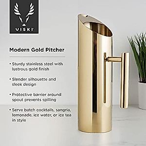 Viski Gold Modern Drink Carafe, Stainless Steel, 26 Ounces, Pitcher with Handle, Plated, Set of 1