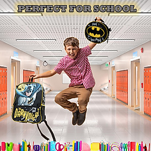 BATMAN 4 Piece Dark Knight Backpack Set, Kids School Travel Bag with Front Zip Pocket, Foam Mesh Side Pockets, 3D Insulated Lunch Box, Water Bottle, & Squish Ball Dangle, Black