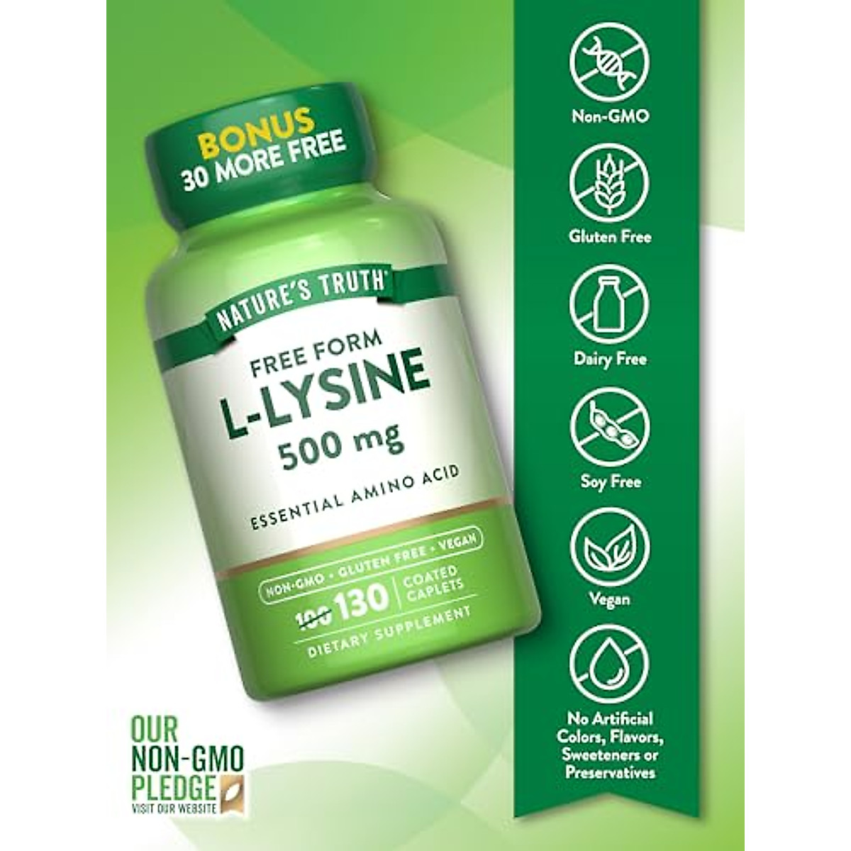 Nature's Truth L-Lysine 500mg | 130 Caplets | Free Form | Essential Amino Acid | Non-GMO & Gluten Free Supplement